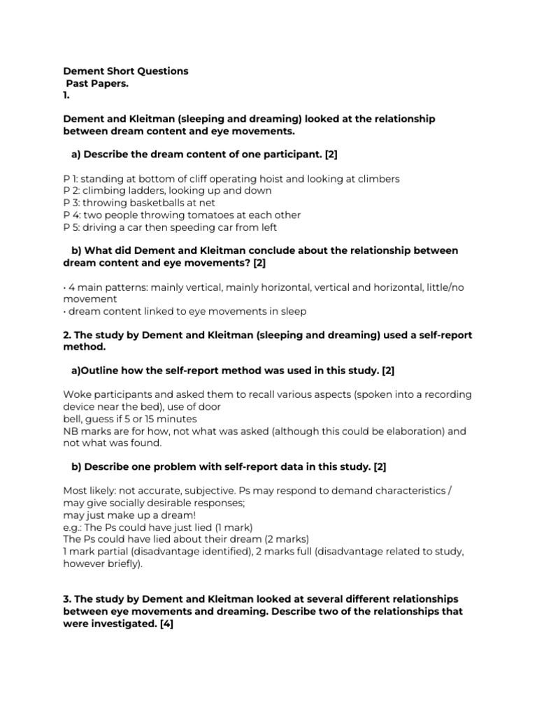 Dement and Kleitman. Potential Questions | PDF | Sleep | Rapid Eye ...