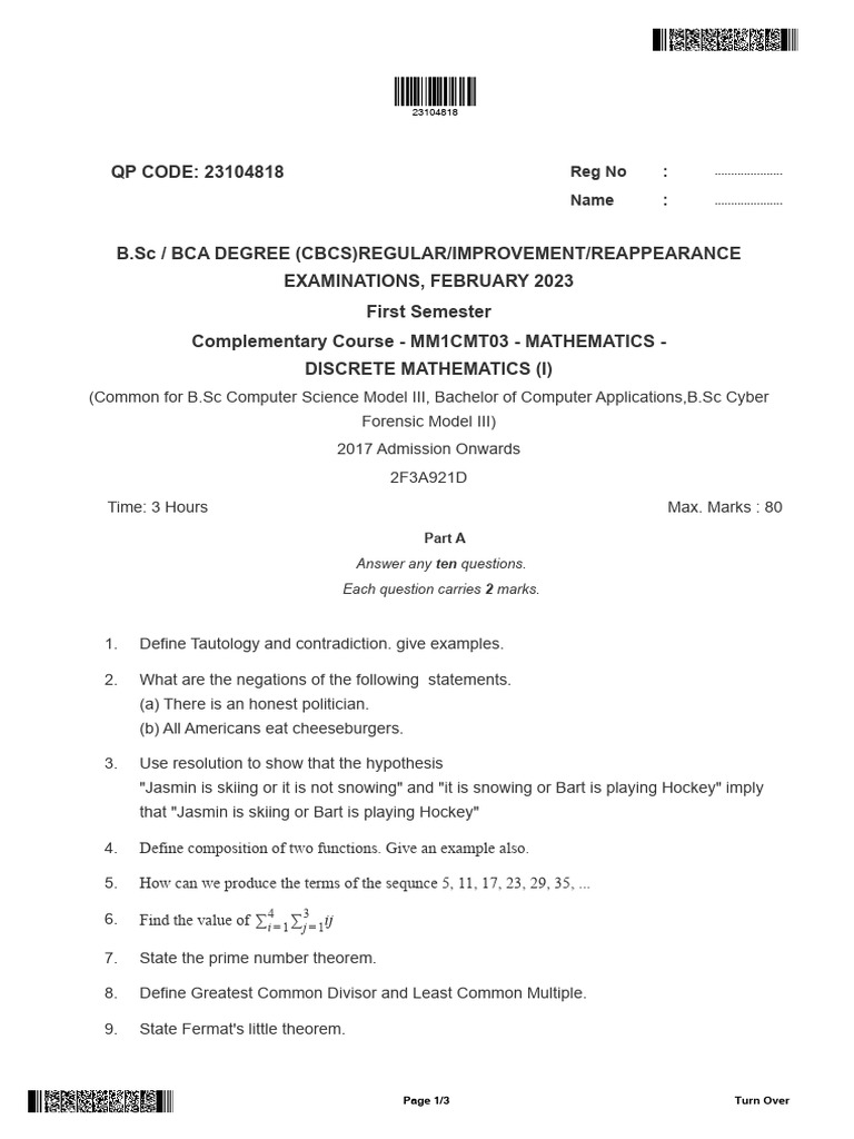 Bca1mat 2023 Feb Discrete Mathematics | PDF | Function (Mathematics ...