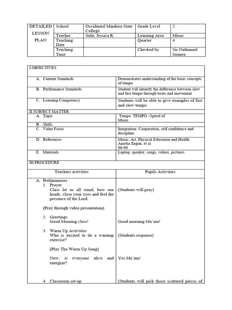 DETAILED LESSON PLAN in MUSIC SULIT JESSICA R | PDF | Teachers | Tempo