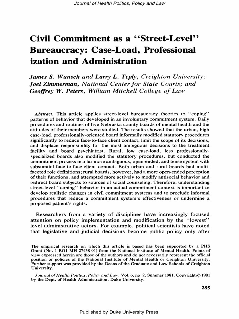 Wunsch Et Al. 1981 - Civil Commitment As A 'Street-Level' Bureaucracy ...