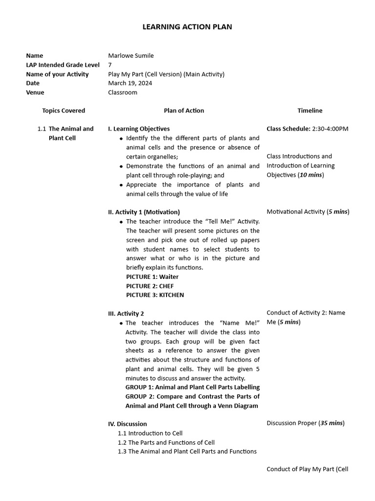 7th Grade Cell Learning Action Plan | PDF | Cell (Biology) | Cognitive ...