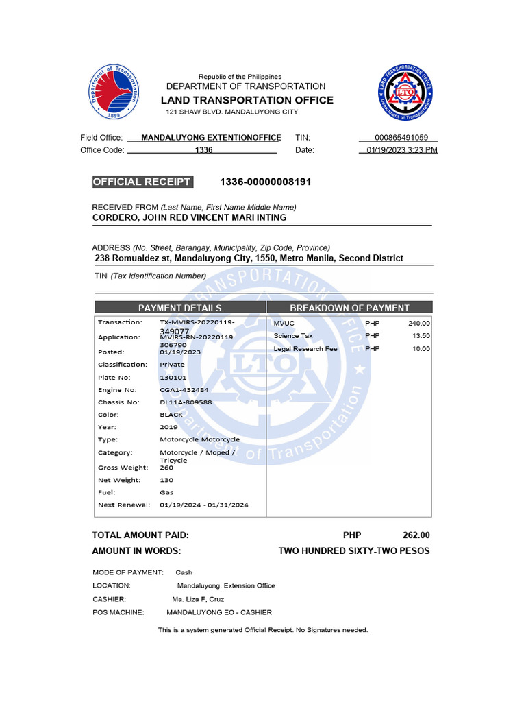 Raider 150 Fi Lto Official Recipt | PDF | Transport | Payments