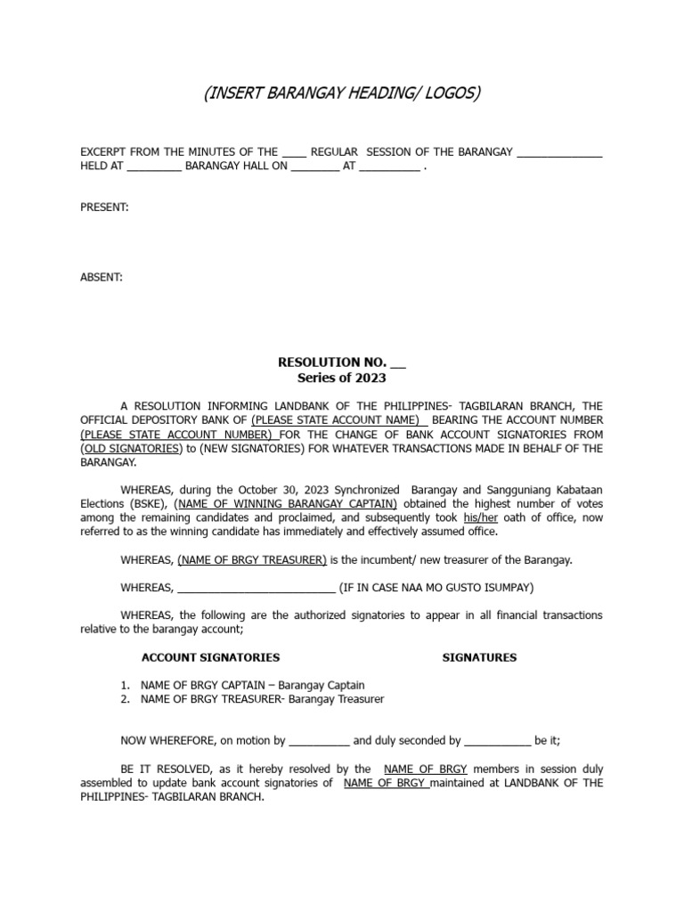 Angay Council Resolution For Change of Acct Signatories | PDF | Government