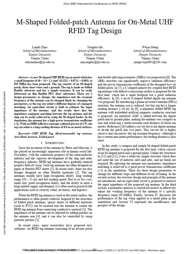 M-Shaped UHF RFID Tag Antenna Design | PDF | Antenna (Radio) | Radio ...