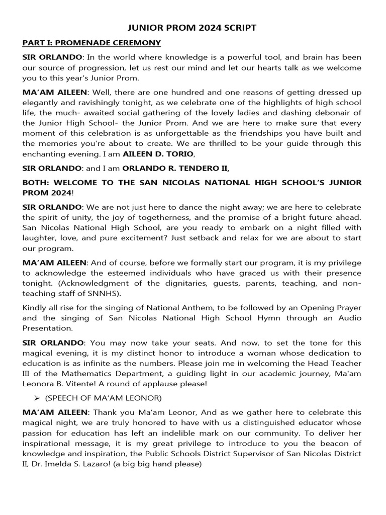 Junior Prom 2024 Script | PDF | Prom