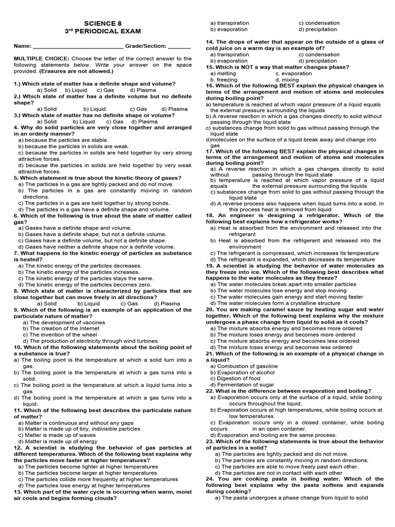 3RD Quarterly Assessment G8 Science Test Paper | PDF | Gases | Atoms