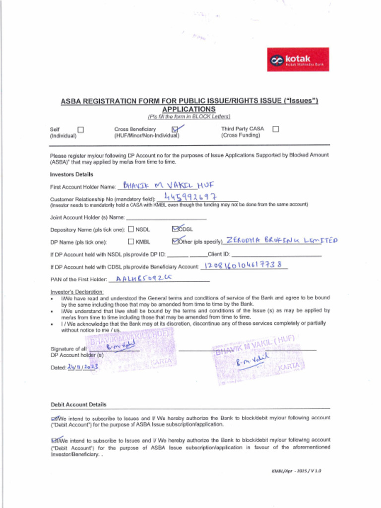 Kotak ASBA Registration Form | PDF
