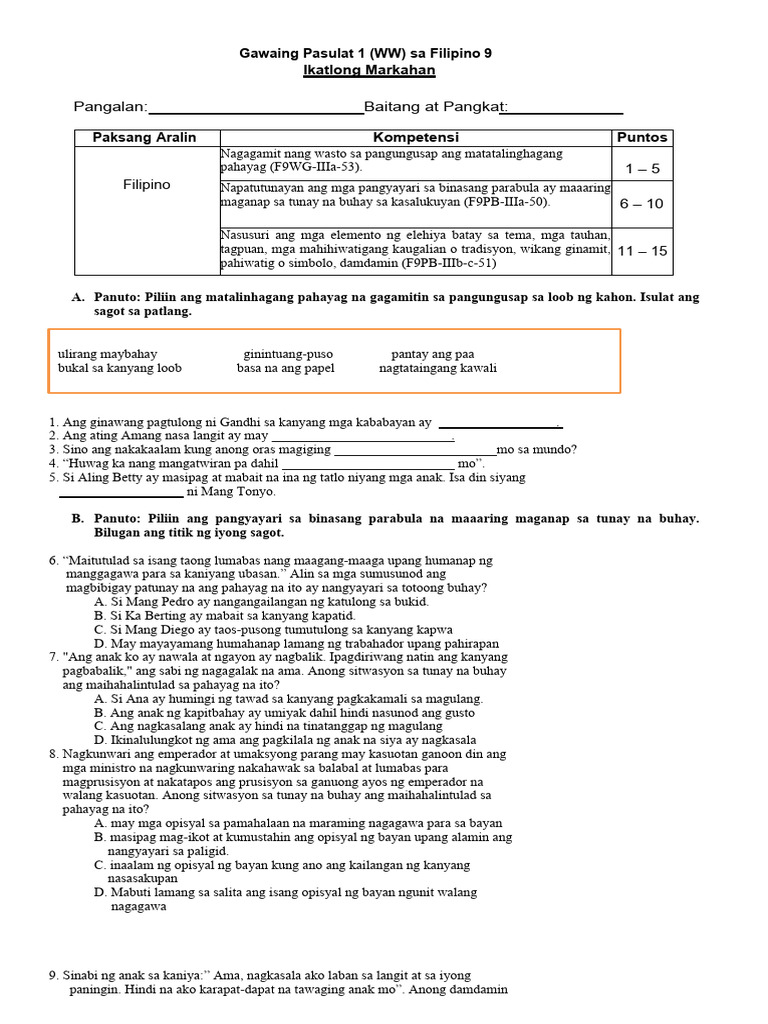 Grade 9 Q3 WWP 1 WWP 4 Filipino | PDF