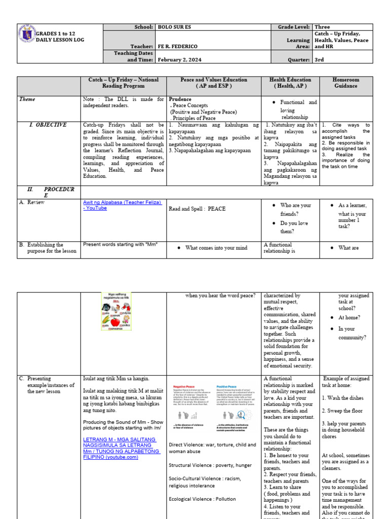 Grade3 Week1 Cuf Peace Values Health HR Struggling | PDF | Violence