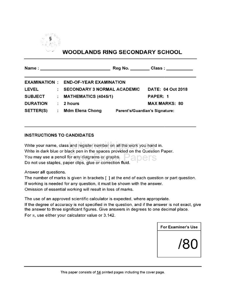 E-Math - Sec 3 NA - SA 2 - 2018 - Woodlands Ring Sec | PDF