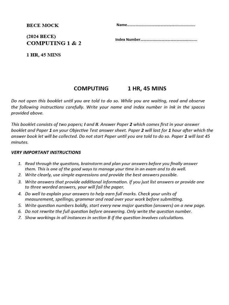 Computing Bece Mock 2024 Pdf Artificial Intelligence Intelligence Ai And Semantics