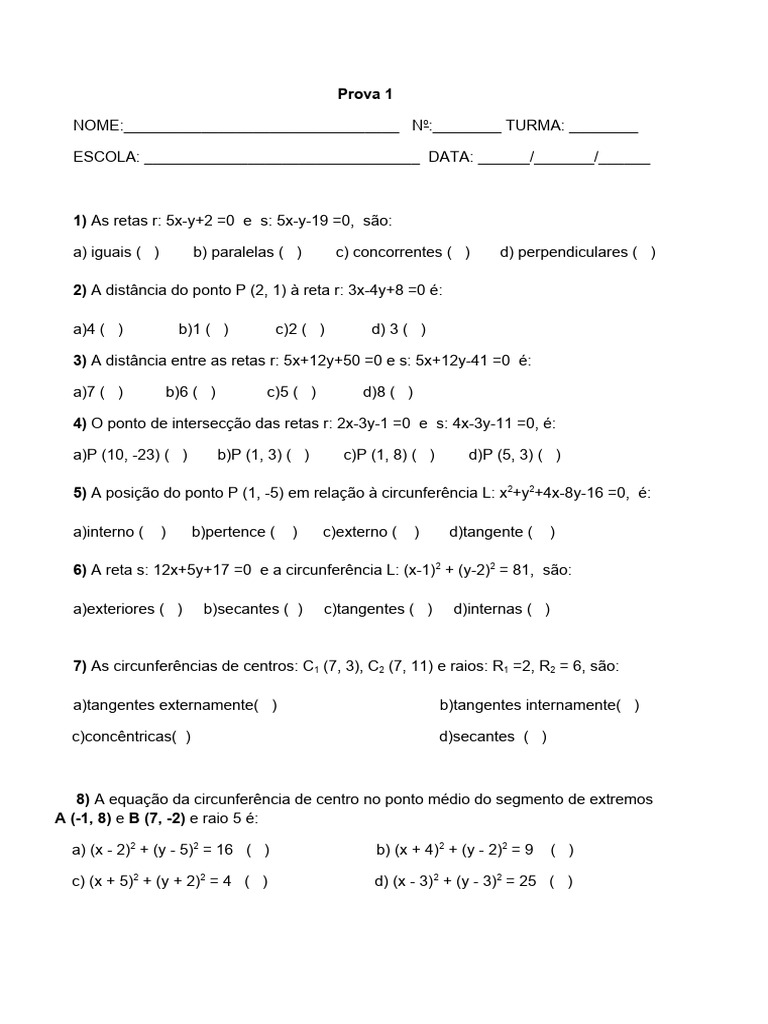 prova 3 ano | PDF | Círculo | Geometria Algébrica