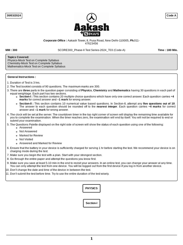 Score300 Phase Ii Test Series 2024 T03 Code A Question Pdf Magnetic Field Electronvolt 8617