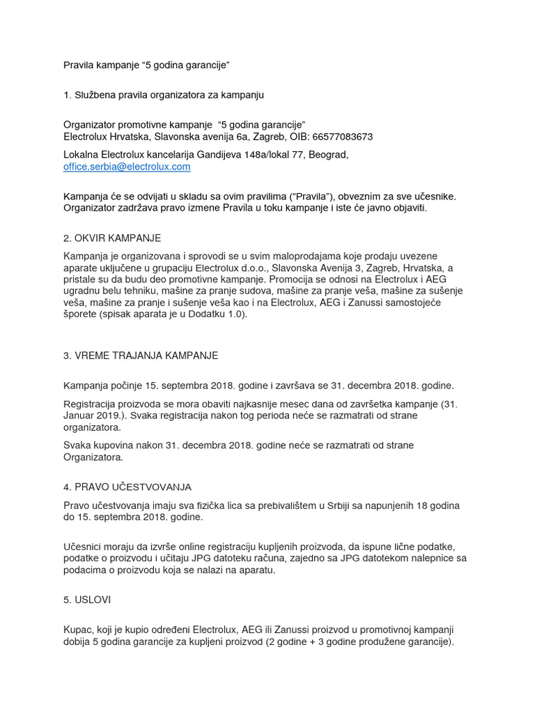 5 Godina Garancije Sep Dec 2018 Pravila | PDF
