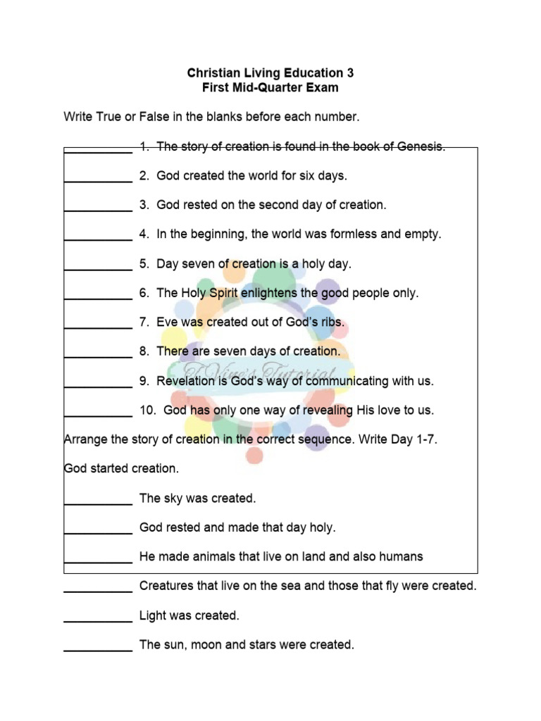 Christian Living Education 3 - First Mid-Quarter Exam | PDF | Genesis ...