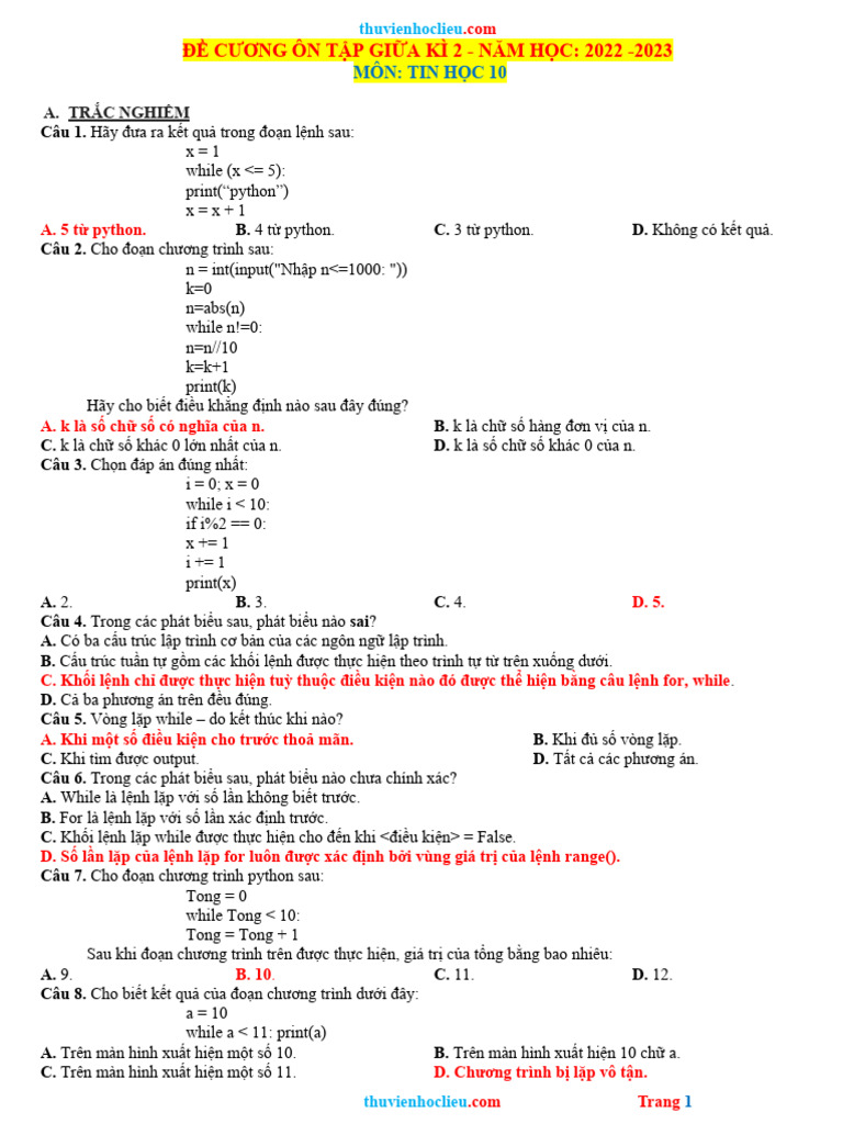 De Cuong On Tap Tin 10 Giua HK2 | PDF