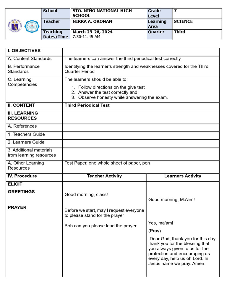 Lesson Plan - For Examination | PDF | Learning | Prayer