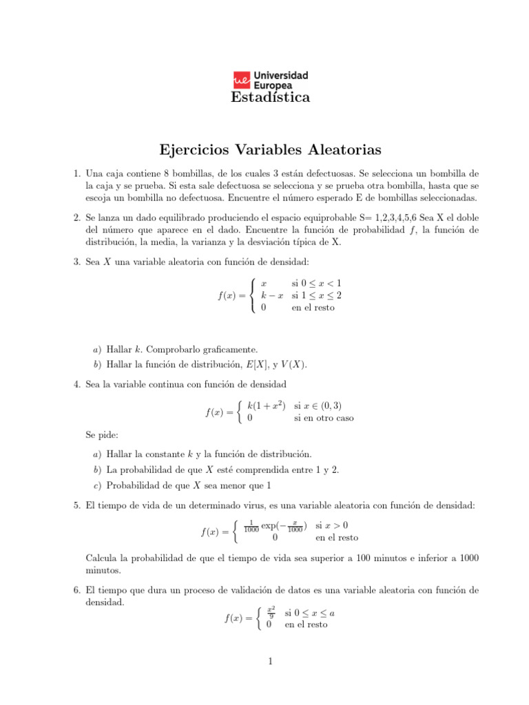 04 - Ejerc - Variables Aleatorias | PDF | Función de densidad de probabilidad | Variable aleatoria