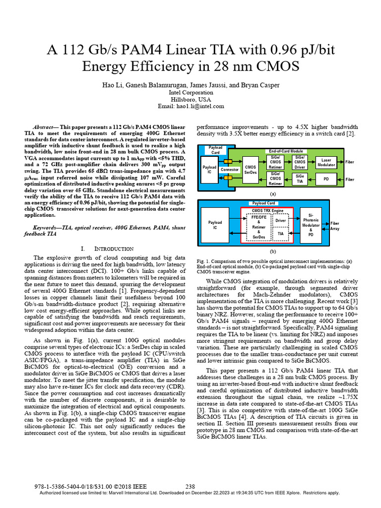 A_112_Gb_s_PAM4_Linear_TIA_with_0.96_pJ_bit_Energy_Efficiency_in_28_nm_CMOS | PDF | Amplifier ...