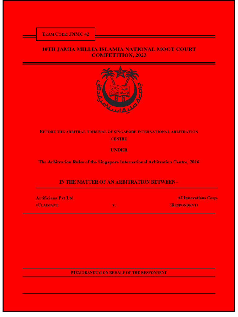 Memorial For The Respondent - JNMC42 | PDF | Arbitration | Intellectual Property
