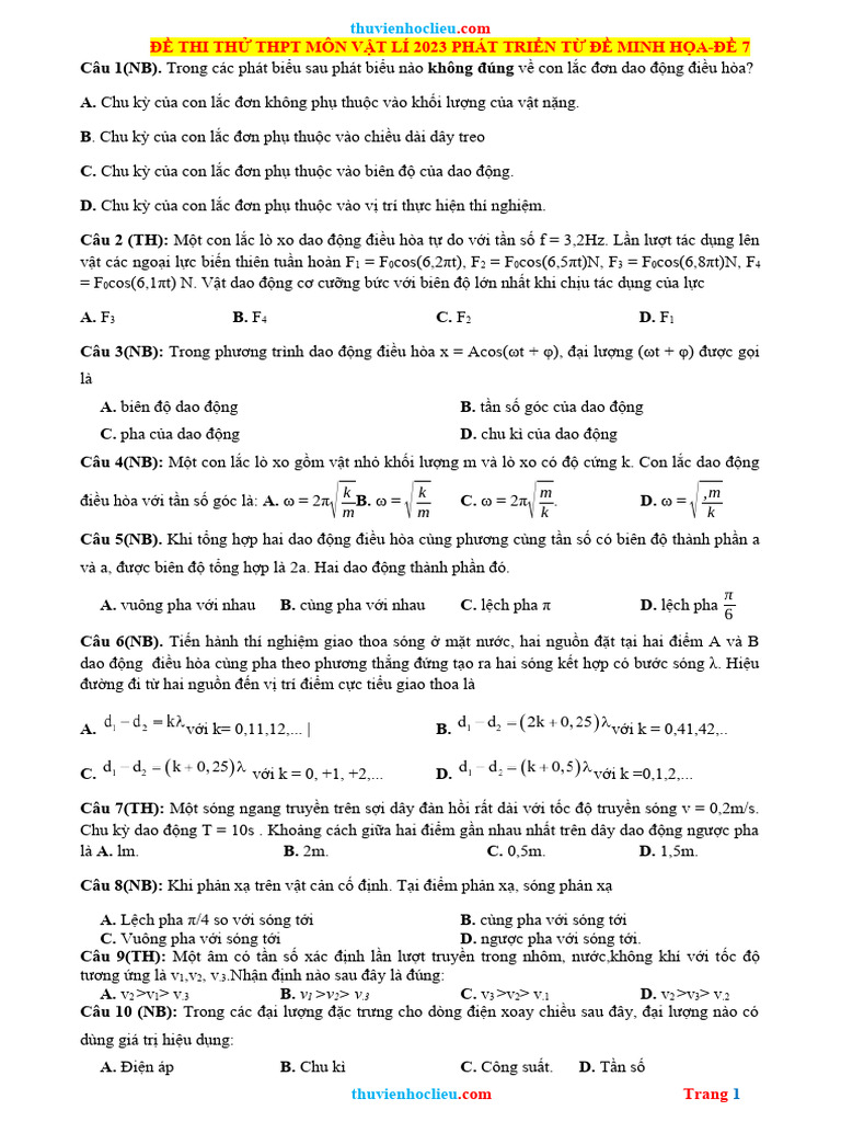 De Thi Thu TN 2023 Vat Li Phat Trien Tu de Tham Khao de 7 | PDF