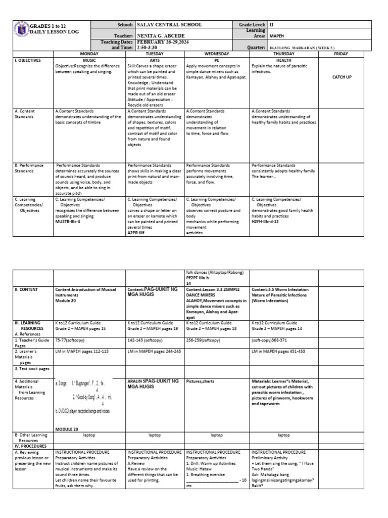 Grade 2 DLL MAPEH 2 Q3 Week 5 | PDF | Learning | Curriculum