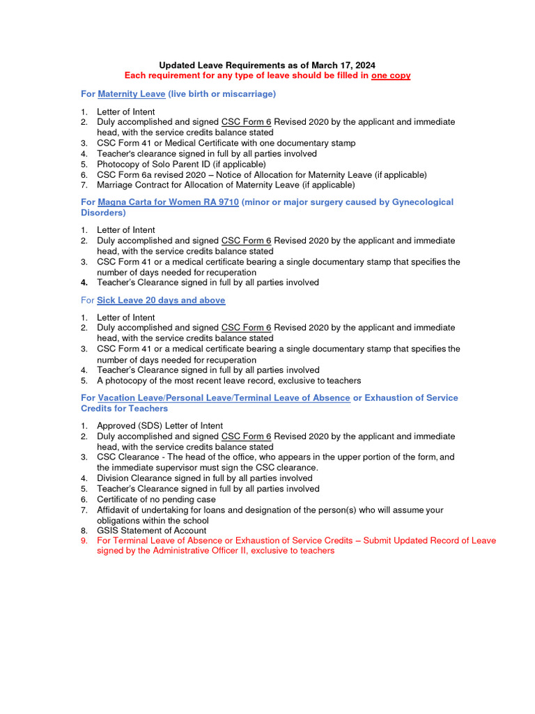 Updated Requirements For Leave Reinstatement Service Credits and CTO | PDF