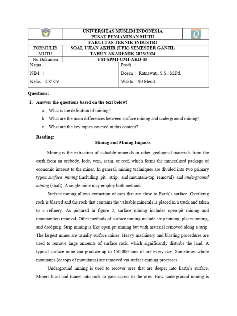UPK Teknik Pertambangan C8C9 2023-2024 | PDF | Mining | Surface Mining
