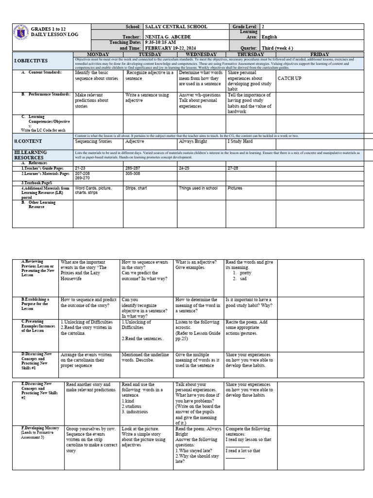 Grade 2 DLL English 2 Q3 Week 4 | PDF | Learning | Experience