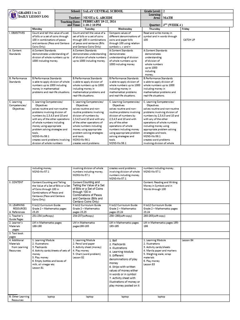 Grade 2 DLL MATH 2 Q3 Week 4 | PDF | Mexican Peso | Money
