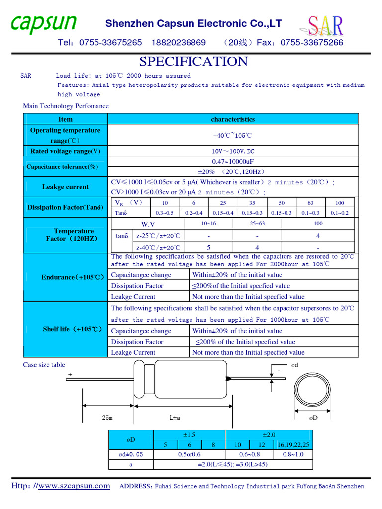 Capsun (Axial) SAR Series | PDF | Capacitor | Capacitance