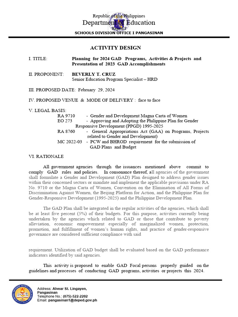 Activity Design - 2024 Gfps Orientation & Presentation of Accomplishments | PDF | Gender And ...