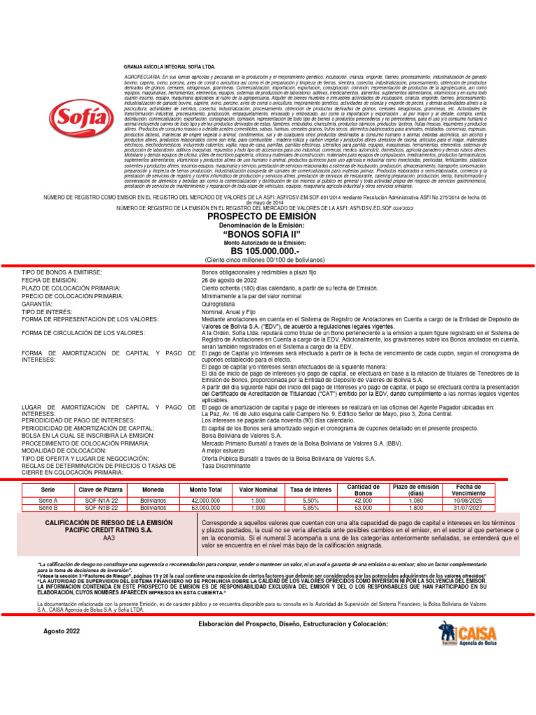 Prospecto de Emisión BONOS SOFIA | PDF | Interés | Alimentos