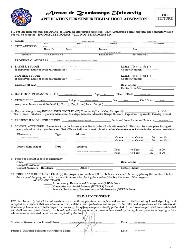 Shs Application Form | PDF