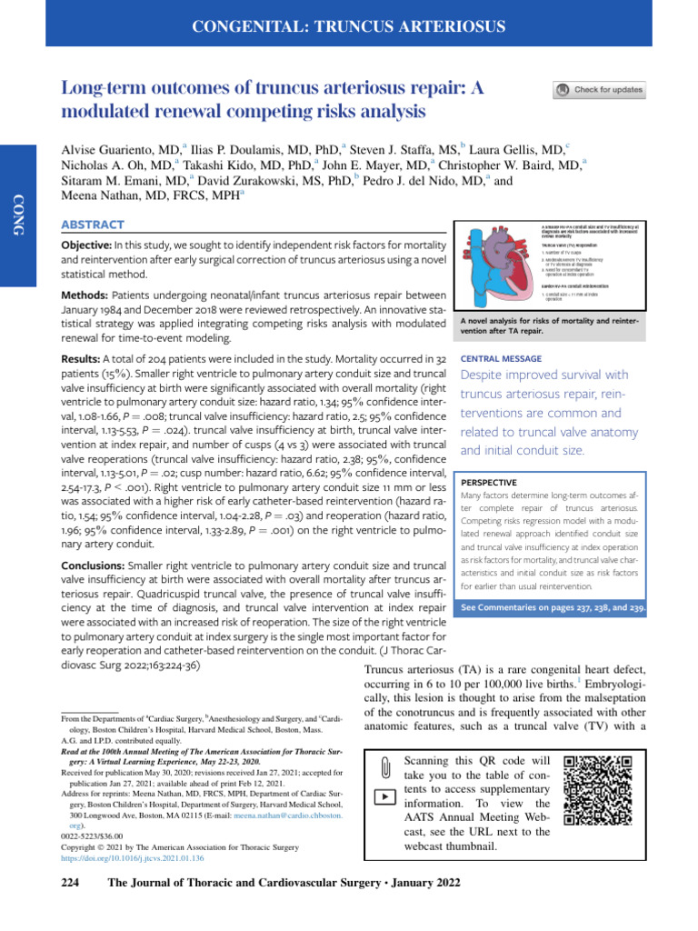 Long-Term Outcomes of Truncus Arteriosus Repair - A Modulated Renewal ...