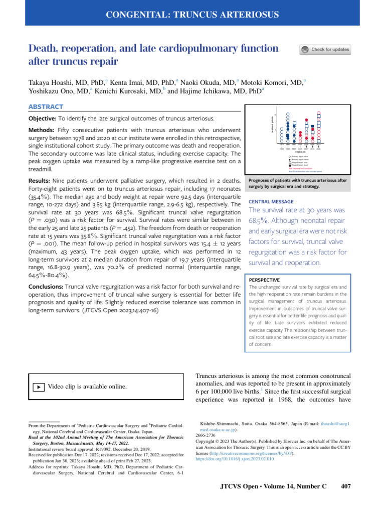 Death, Reoperation, and Late Cardiopulmonary Function After Truncus ...