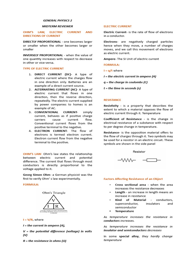 Physics Midterm Reviewer | PDF | Electric Current | Electrical Resistance And Conductance