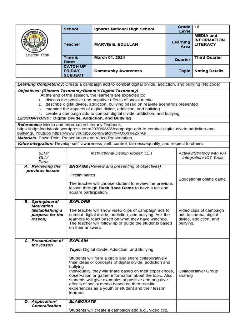 Lesson Plan Catch Up Friday | PDF | Learning | Popular Culture & Media ...
