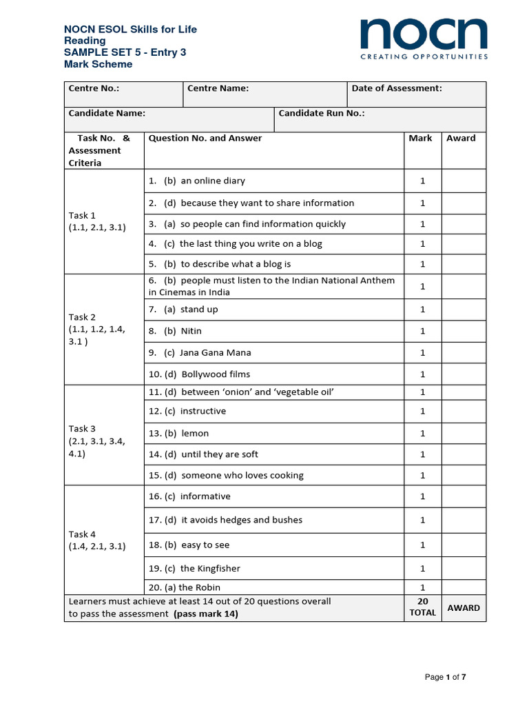 NOCN ESOL Entry 3 Reading Mark Scheme | PDF | Educational Assessment ...