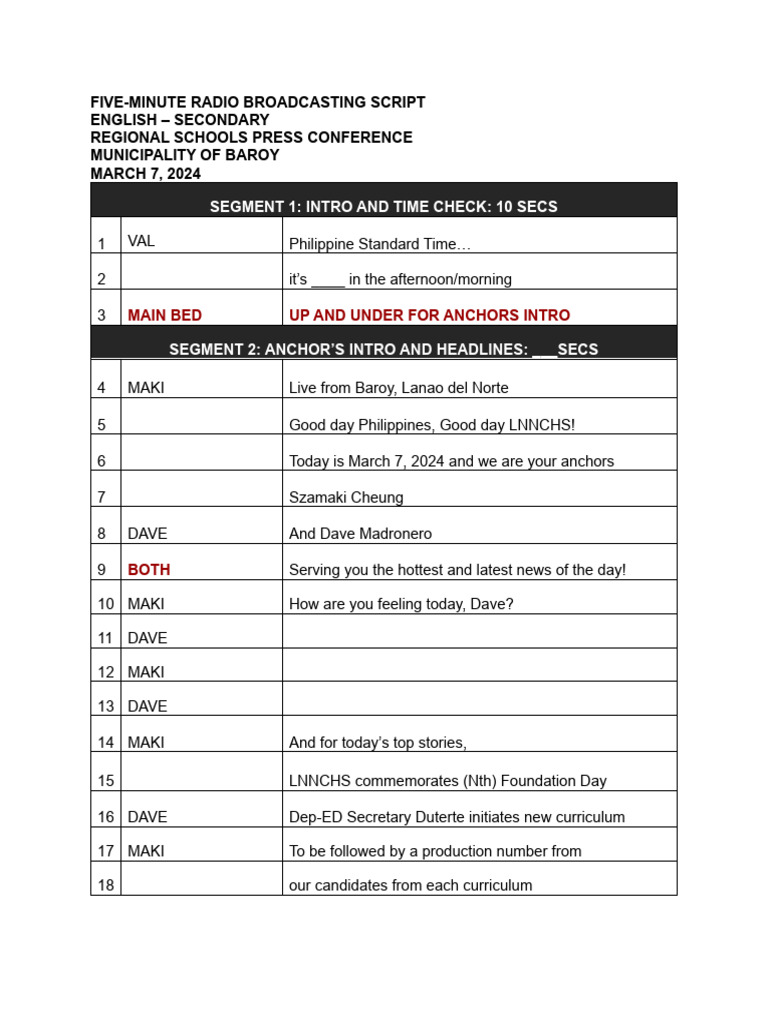 Script For HS Day | PDF | Mass Media