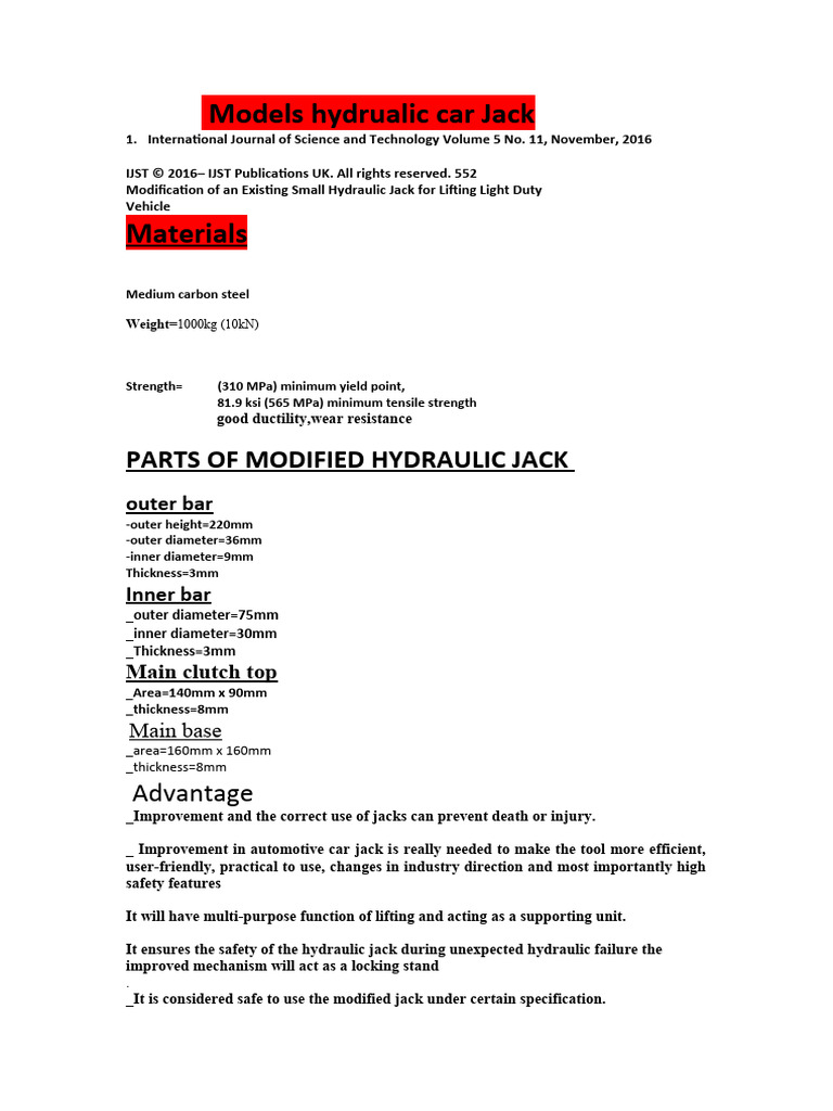 Hydraulic Car Jack Modifications and Design | PDF | Technology ...