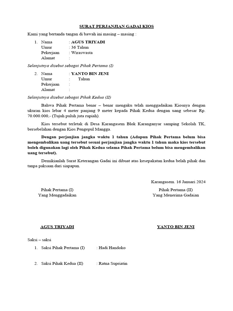Surat Perjanjian Gadai Kios Agus-Yanto | PDF | Hukum