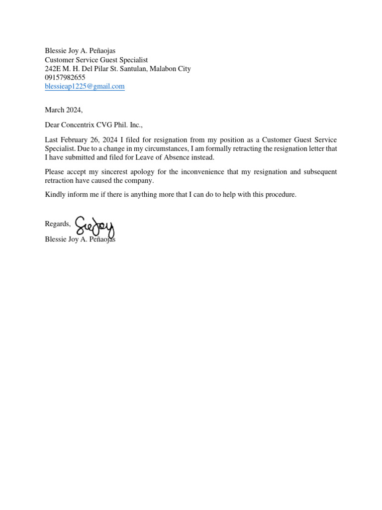 Retraction of Resignation Letter | PDF | Career & Growth | Business