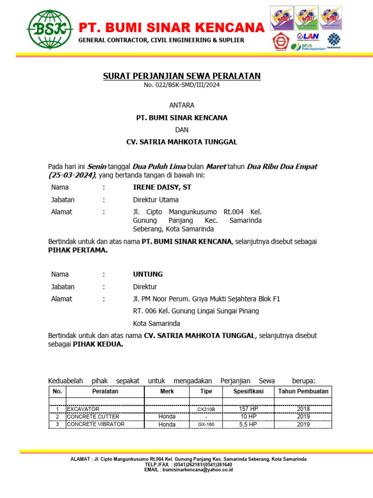 Perjanjian Sewa Peralatan BSK - Cv. SMT | PDF