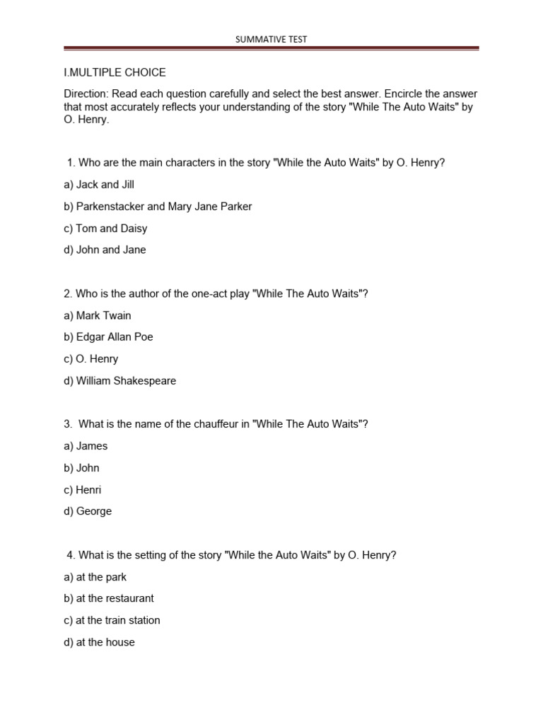O. Henry's "While The Auto Waits" Test | PDF