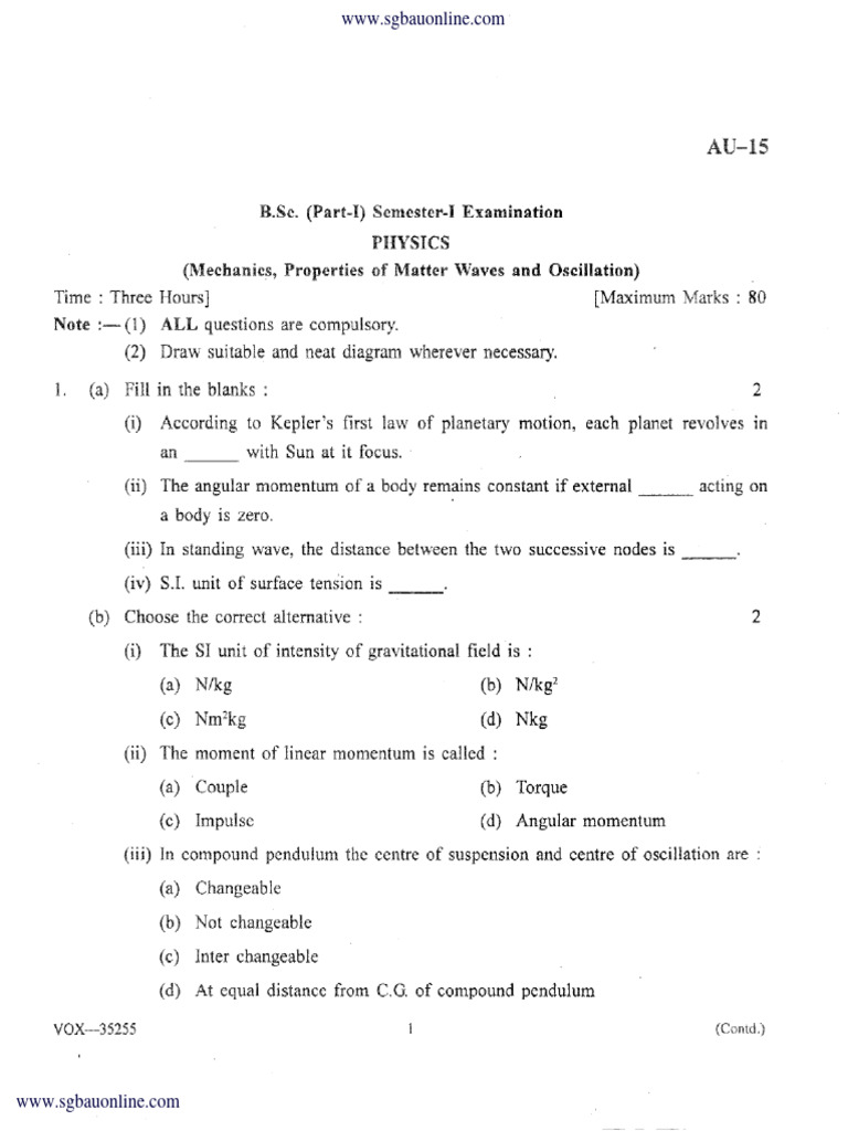BSC 1 Sem Physics Mechanics Properties of Matter Waves and Os Summer ...