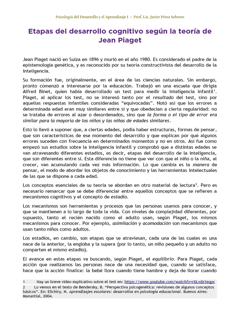 Ficha - Etapas Del Desarrollo Cognitivo Segun Piaget | PDF | Pensamiento | Mentira