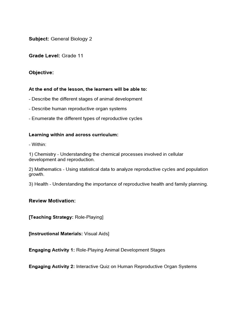 Lesson Plan 13 | PDF | Learning | Reproductive System