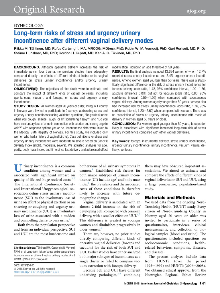 Long-Term Risks of Stress and Urgency Urinary Incontinence After Different Vaginal Delivery ...