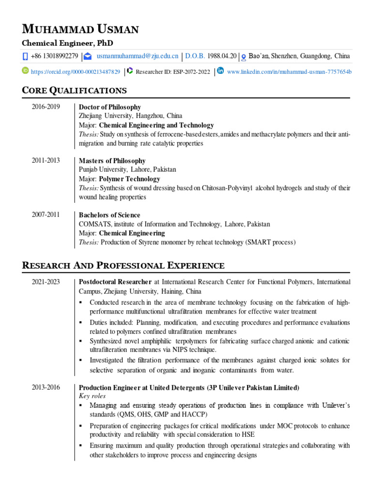 CV-Dr. Muhammad Usman | Download Free PDF | Membrane | Catalysis
